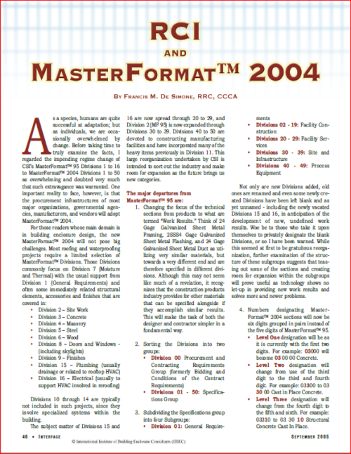 2005 09 Master Format | IIBEC