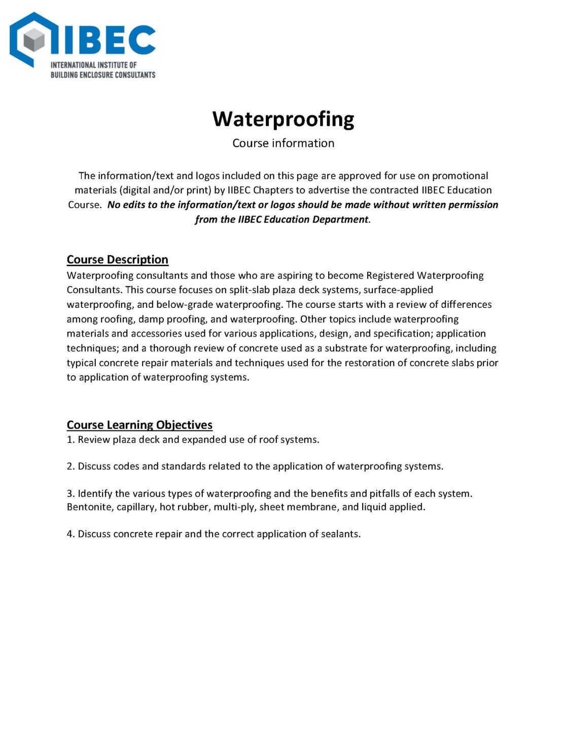 Waterproofing.Course Information Document Page 1 | IIBEC