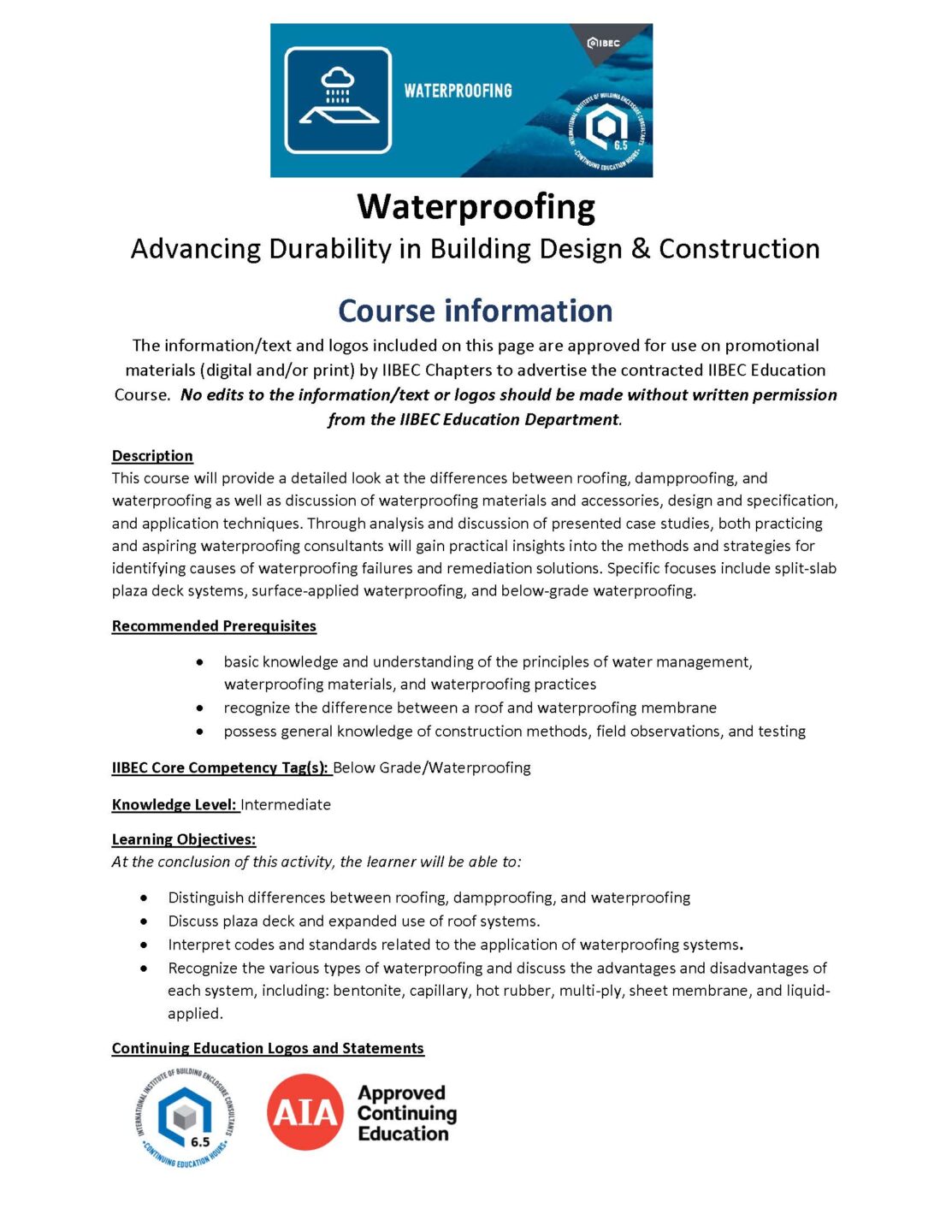 Waterproofing.Course Information Document.09 2025 Page 1 | IIBEC